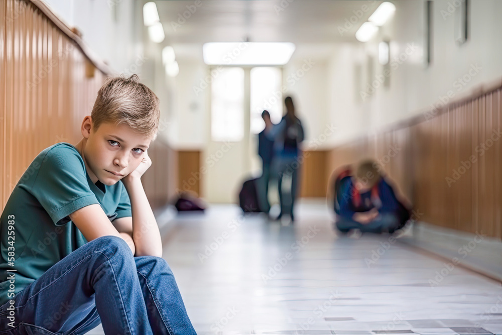 Bullying at school and high school. Upset bullied teen boy suffering sitting against the school ...