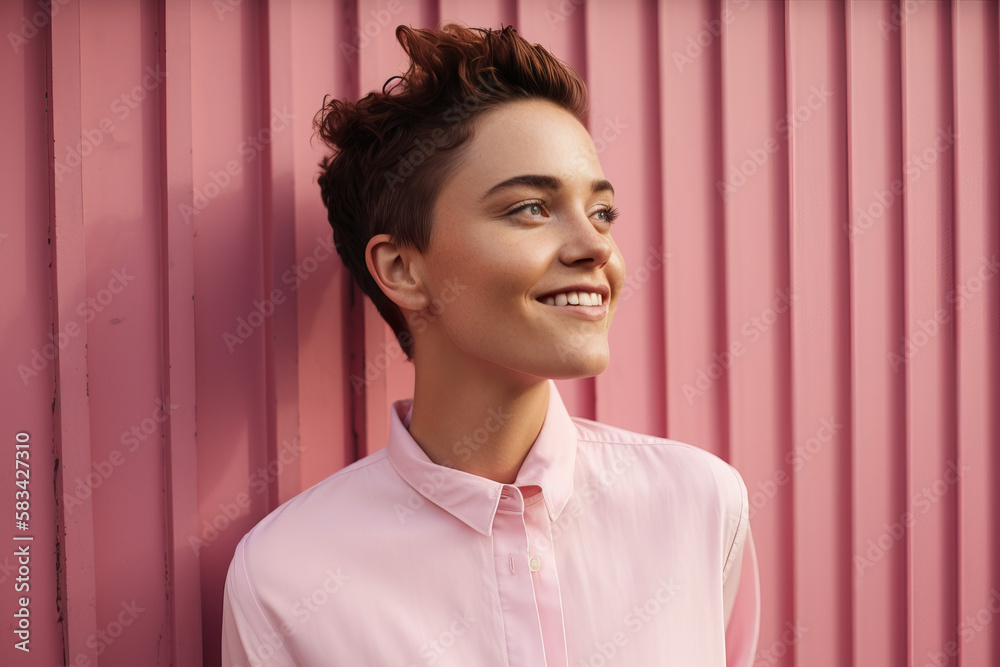 Smiling androgynous model with short hair in pink shirt standing ...