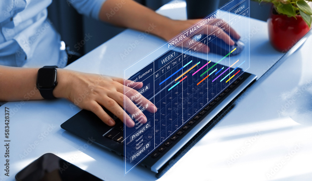 Project manager working on laptop and updating tasks and milestones progress planning with Gantt ...