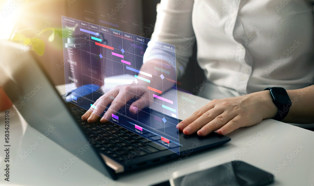 Project manager working on laptop and updating tasks and milestones ...