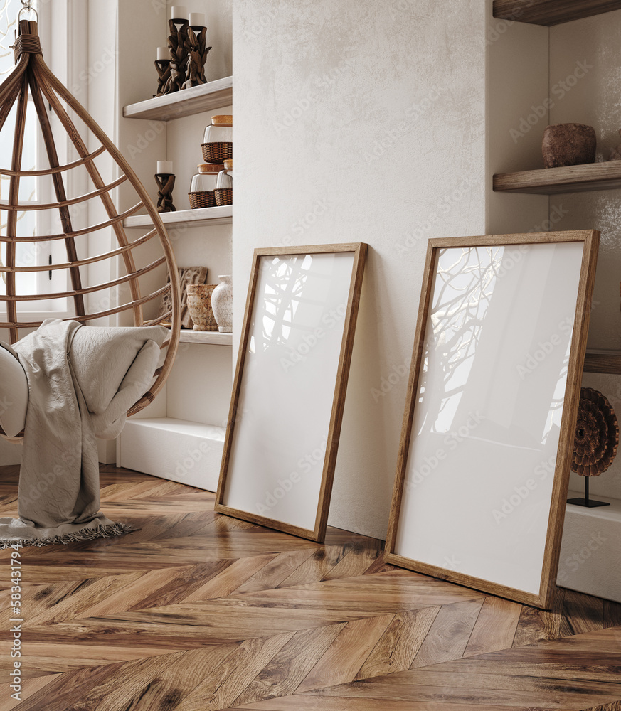 Mockup frame in living room interior, 3d render Stock Illustration ...