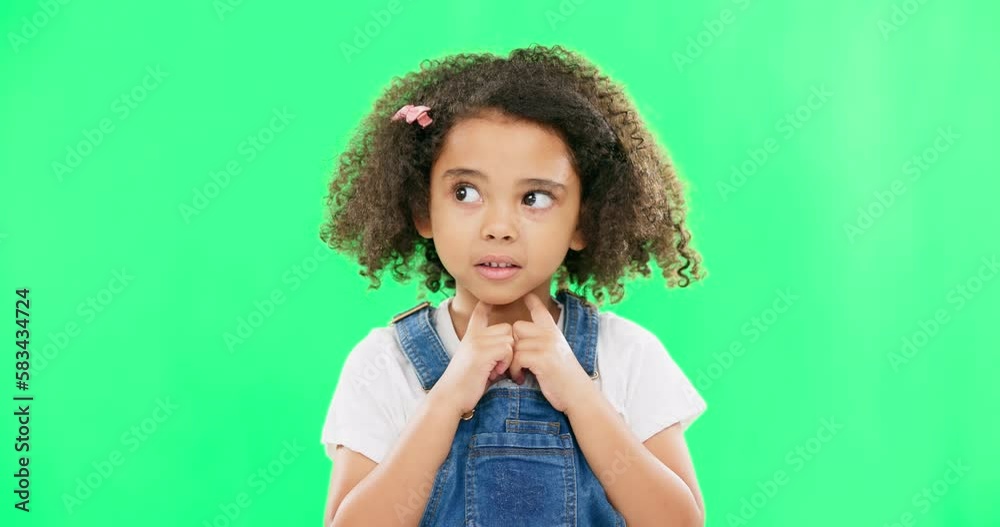 Child, thinking and nervous girl on green screen background with hands ...