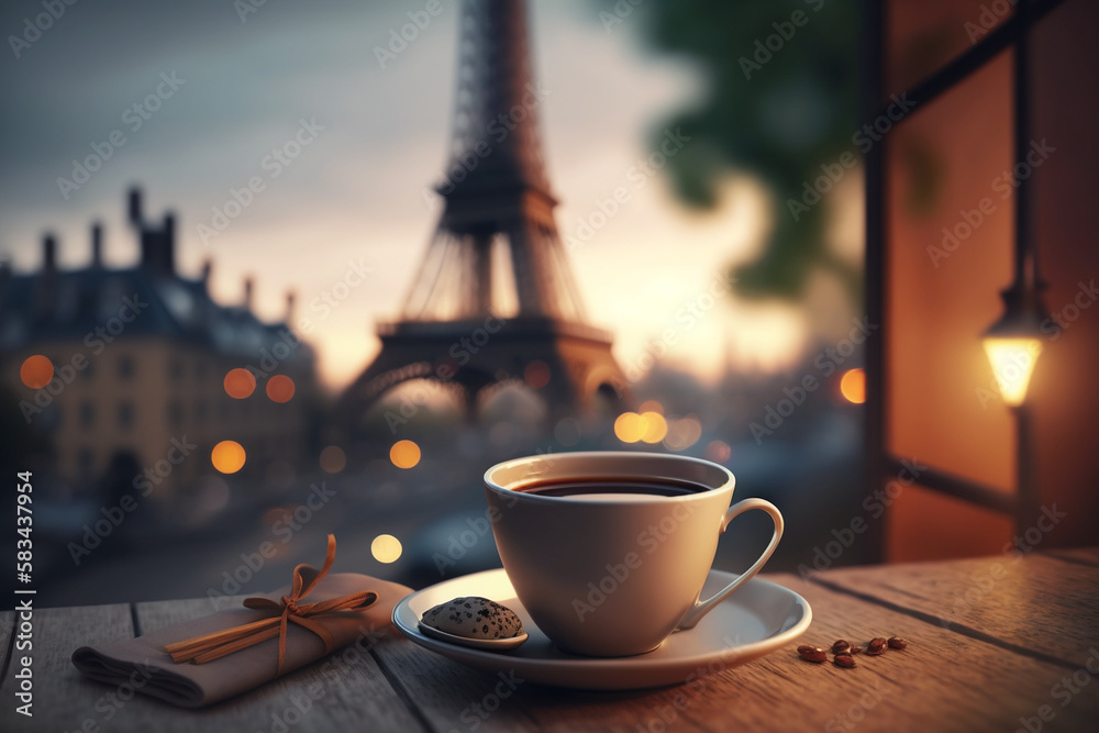 Delicious coffee on blurred background of Paris cozy street and Eiffel ...