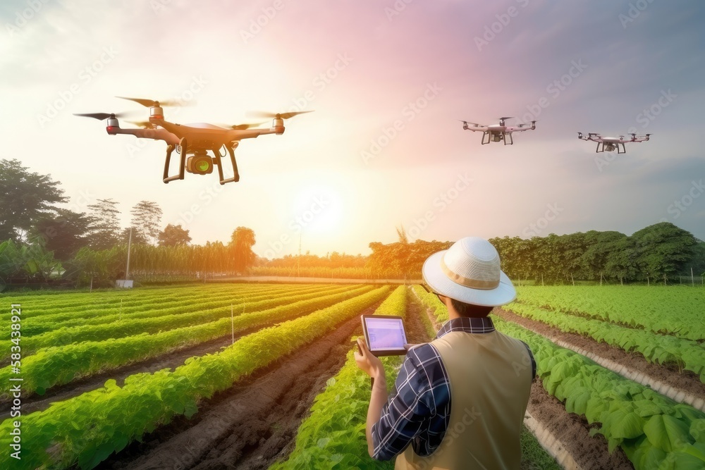 5G technology trend and smart farm agriculture concept. Farmer use ai ...