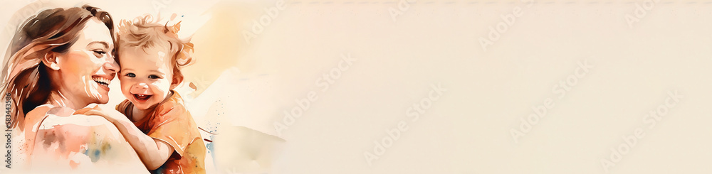 Watercolor illustration of smiling mother and daughter cuddle each ...