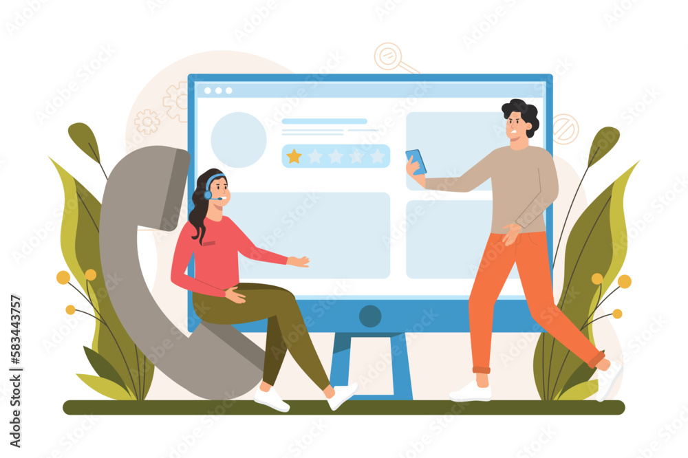 Call center color concept with people scene in the flat cartoon design ...