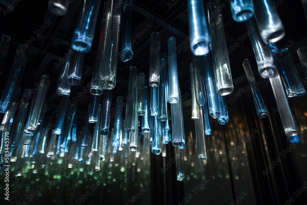 Immersive installation of glass tubes hanging from the ceiling ...