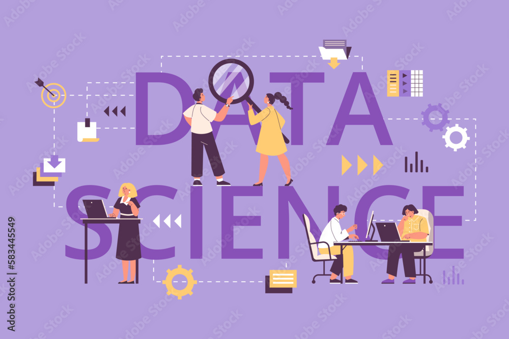 Data science typographic header, people work as data engineers - flat ...