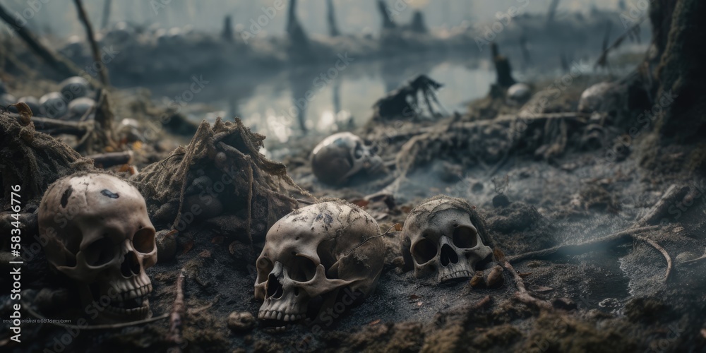 Skeletal remains of fallen warriors of war, human skulls and bones ...