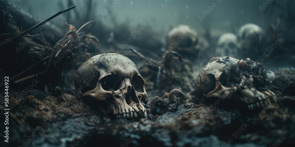 Skeletal remains of fallen warriors of war, human skulls and bones ...