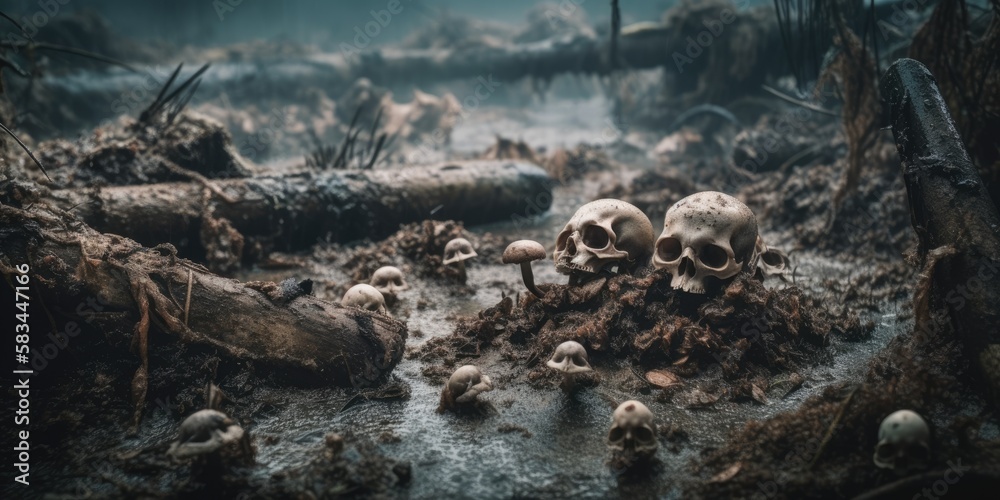 Skeletal remains of fallen warriors of war, human skulls and bones ...