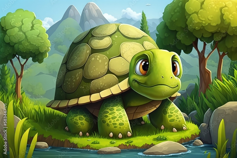 turtle in nature cartoon illustration for kids and children's book ...