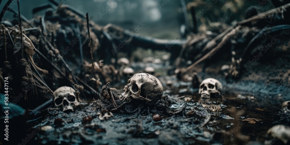 Skeletal remains of fallen warriors of war, human skulls and bones ...