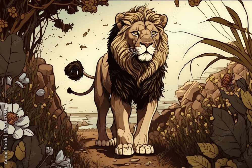 lion in nature cartoon illustration for kids and children's book ...