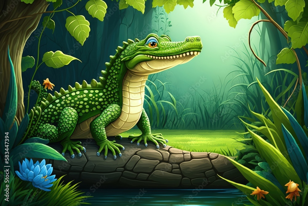 alligator in nature cartoon illustration for kids and children's book ...
