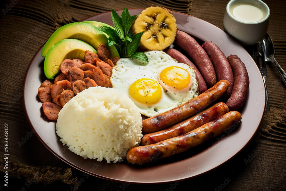 Colombian food. Bandeja paisa, typical dish at the Antioquia region of ...