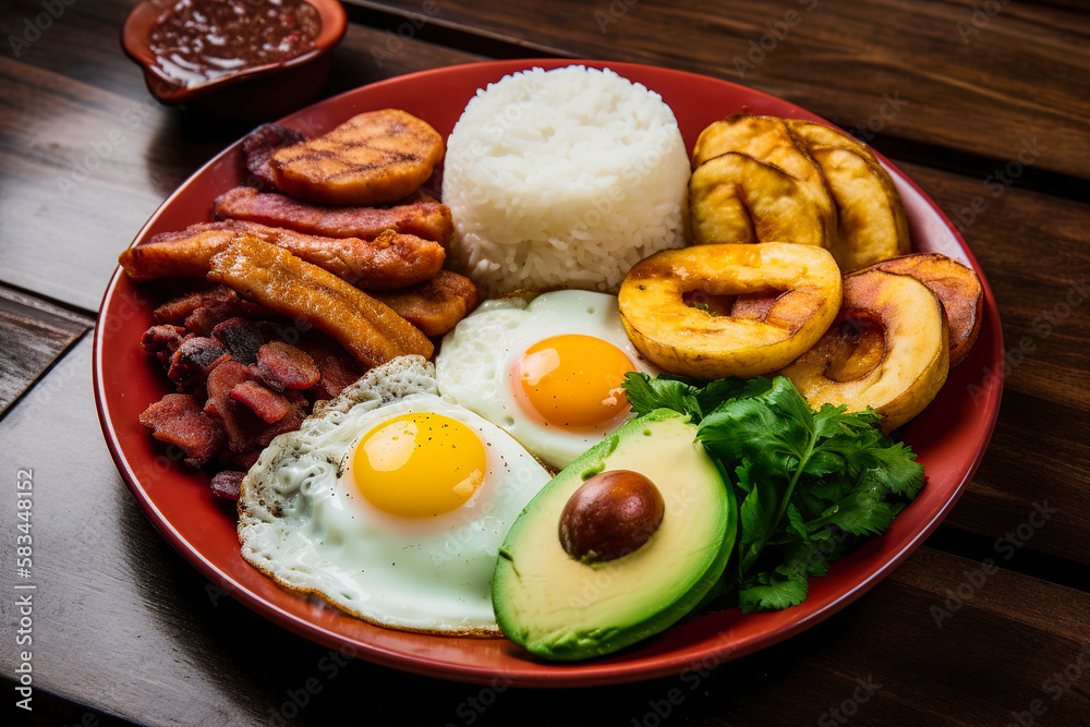 Colombian food. Bandeja paisa, typical dish at the Antioquia region of ...