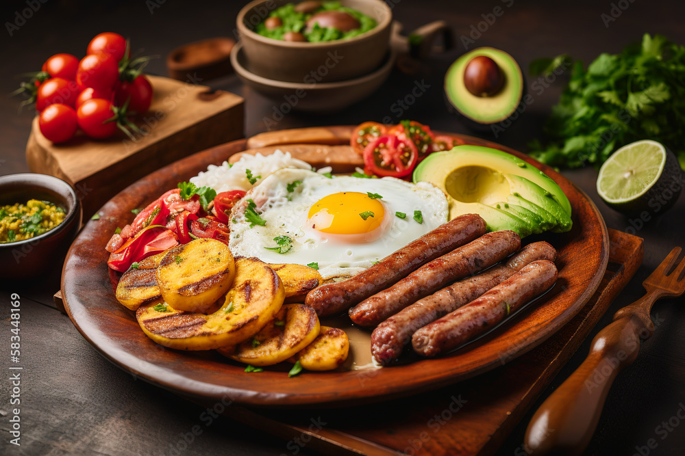 Colombian food. Bandeja paisa, typical dish at the Antioquia region of ...