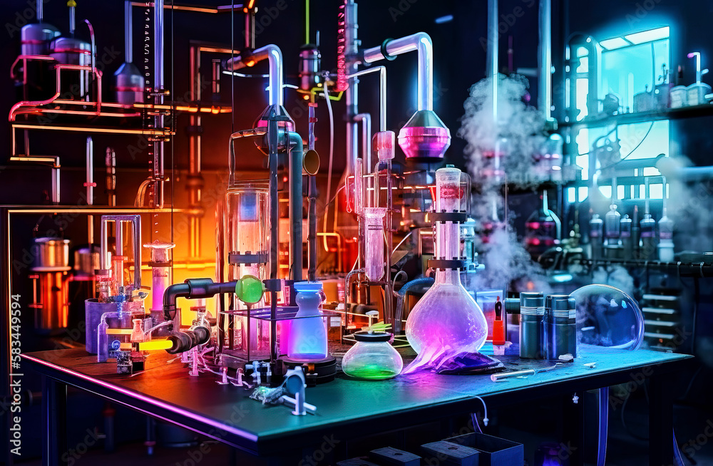 Crowded chemical laboratory with bubbling flasks and containers with ...