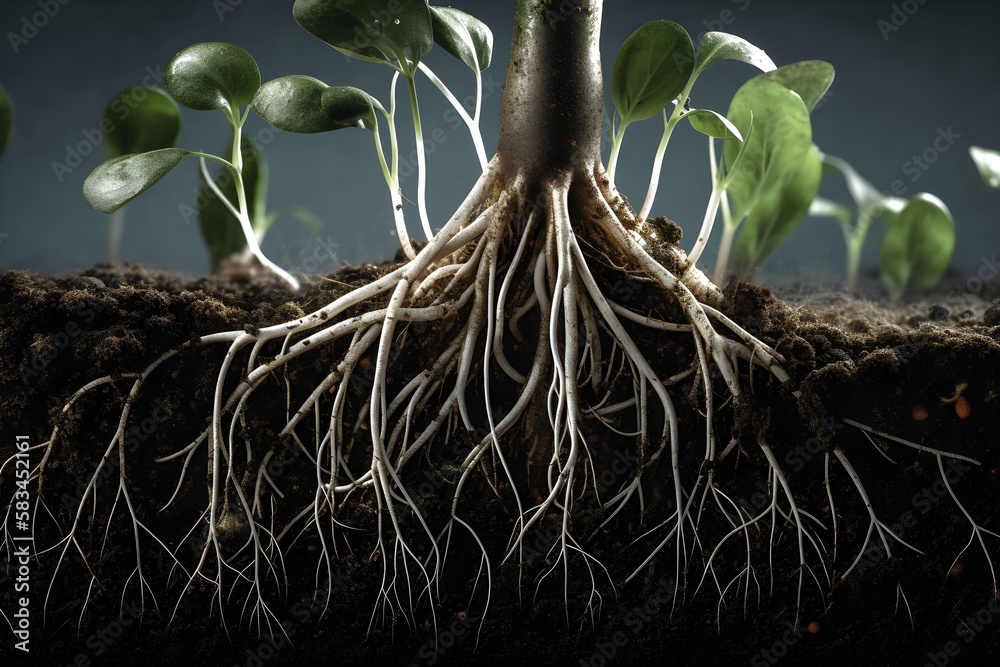Plant Roots in soil releasing exudates digital render Stock ...