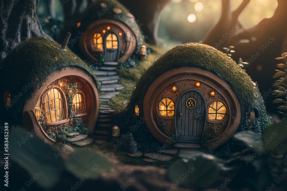 AI generated Hobbit houses in enchanting forest for a fairyland, in a ...
