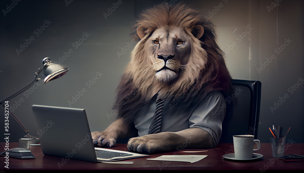 Lion's Head wearing a business suit, sitting behind desk, working in ...
