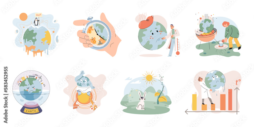 Vetor de Global warming concepts set. long-term increase in average ...