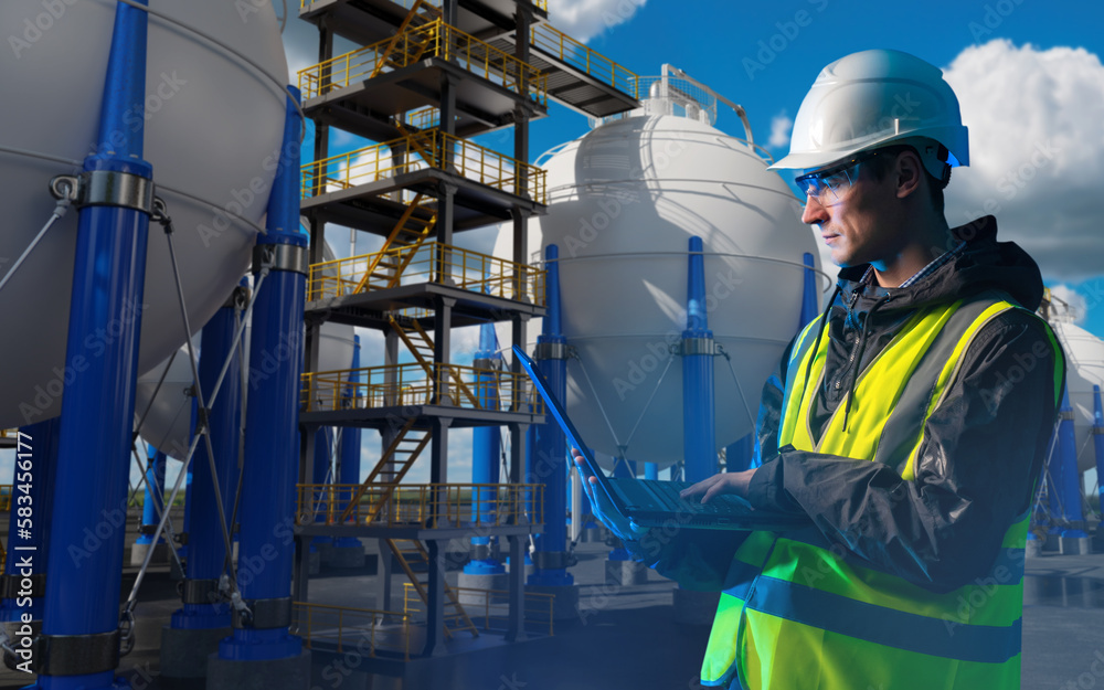 Foto Stock Engineer of chemical company. Man technologist with laptop ...