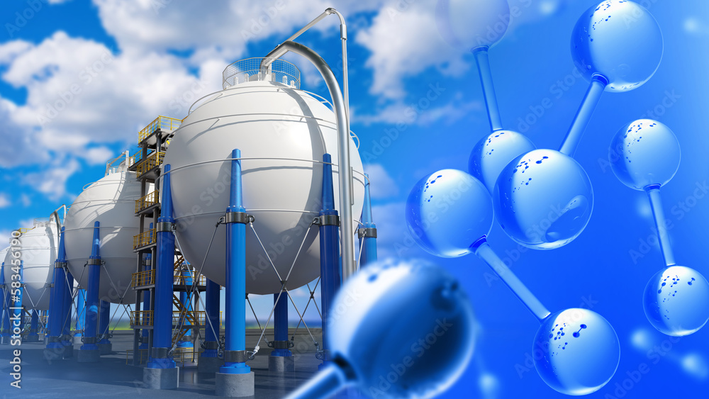Sustaining of hydrogen gas. H2 molecules on blue. Spherical tanks for ...