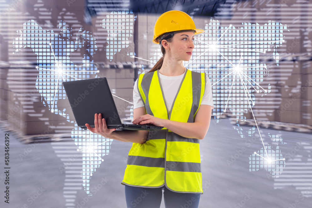 Woman logist with laptop. Girl trader of logistics company. Management ...