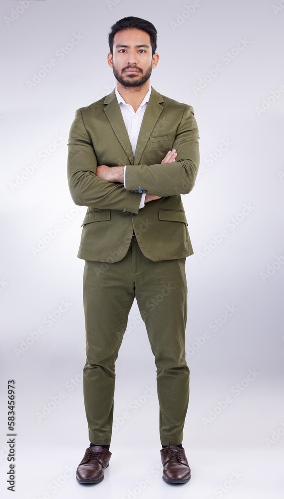 Serious, business man and portrait of arms crossed in studio, white ...