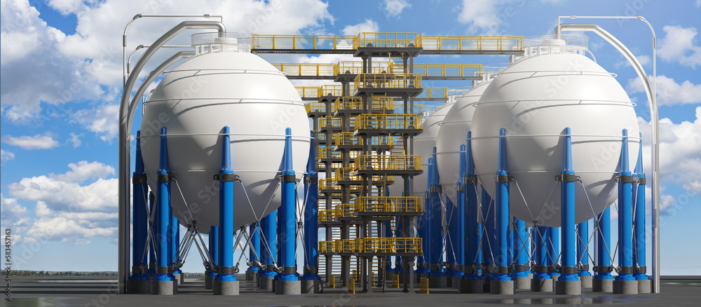 Tanks for storing hydrogen. Gas production plant. Spherical industrial ...