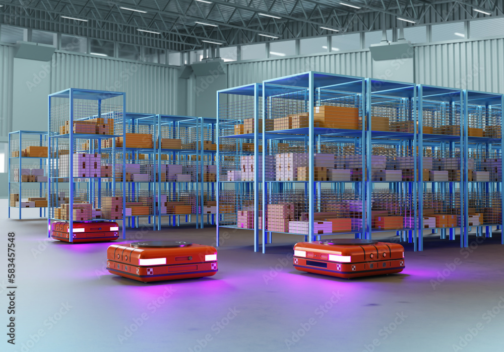 Robotized warehouse. Fulfillment company interior. Warehouse room with ...