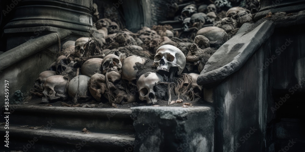 Skeletal remains strewn all over ancient decaying castle stone steps ...