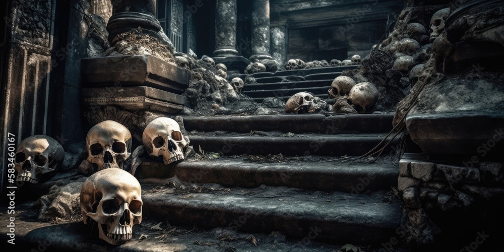 Skeletal remains strewn all over ancient decaying castle stone steps ...