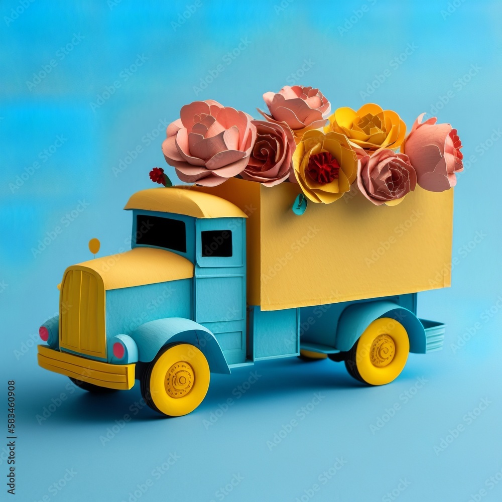 Yellow paper truck toy loaded with roses on blue background flowers ...