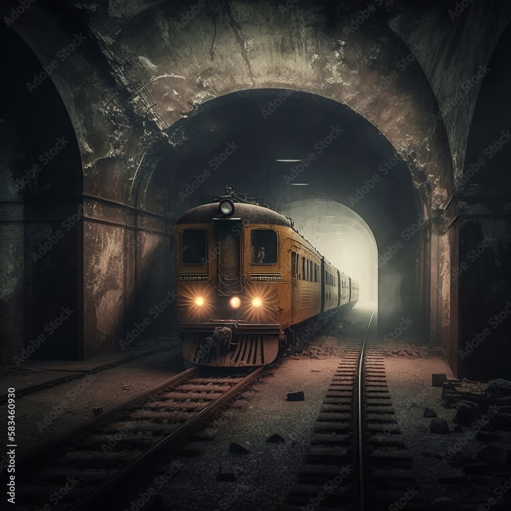A large underground tunnel with a railway, tram, tram tracks, abandoned, old without people ...