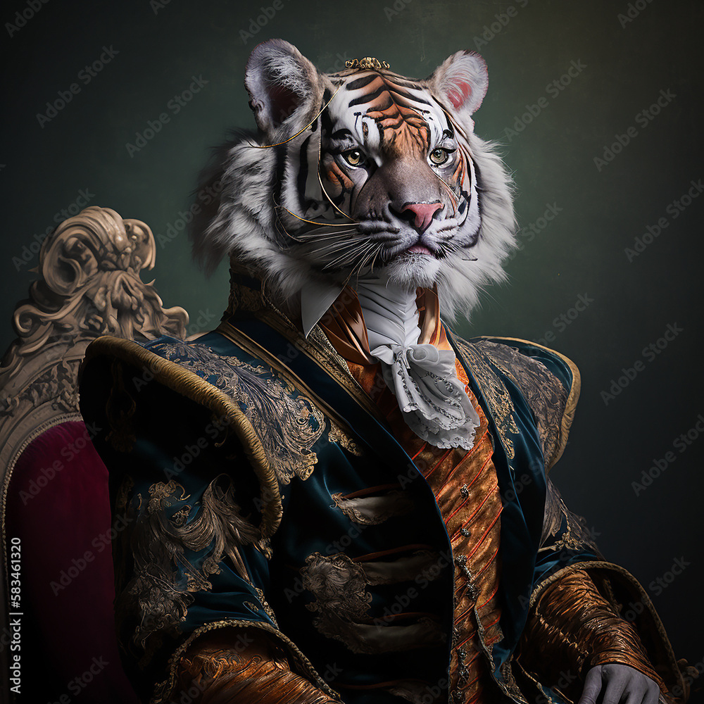 Realistic lifelike glam tiger in baroque noble regal 18th century ...