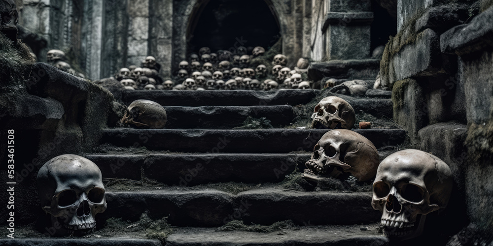 Skeletal remains strewn all over ancient decaying castle stone steps ...
