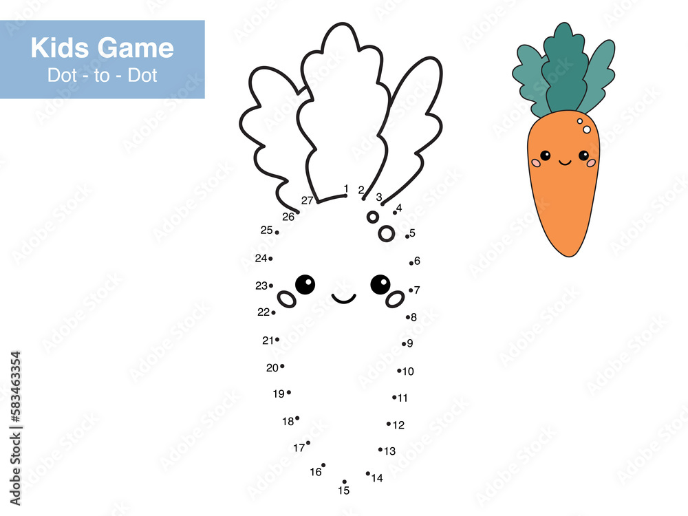 Number puzzle game. Dot to dot. Cute kawaii carrot. Healthy food ...