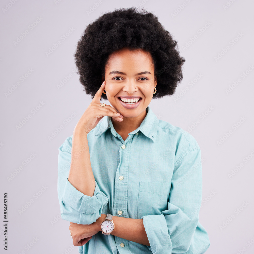 Black woman, studio portrait and smile with afro, happiness hand ...