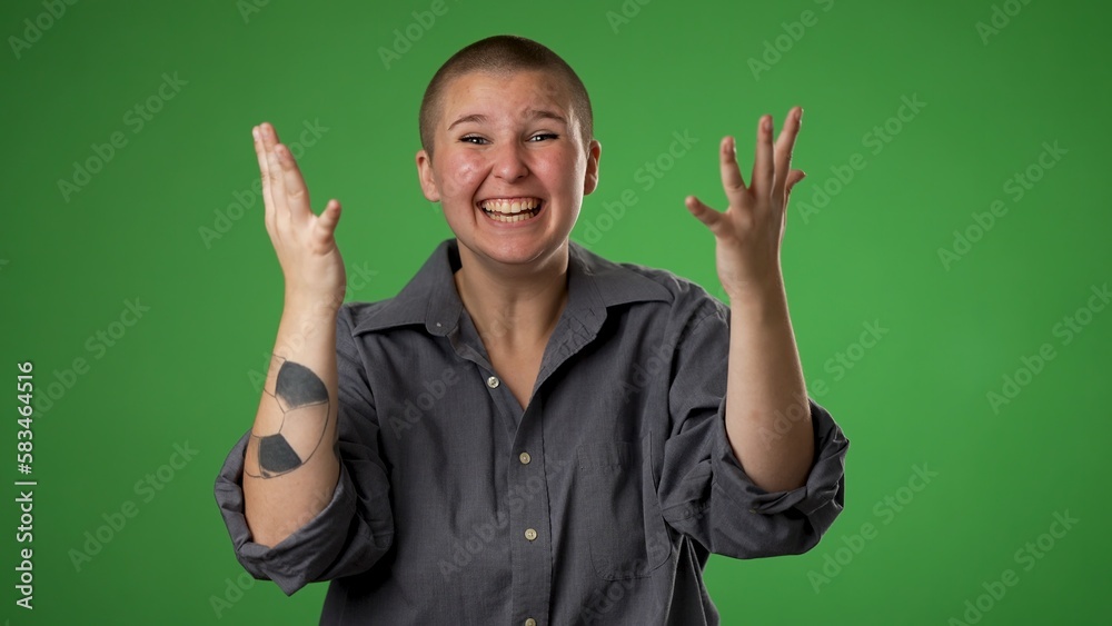 Slow motion portrait of amazed non binary gender fluid woman 20s ...