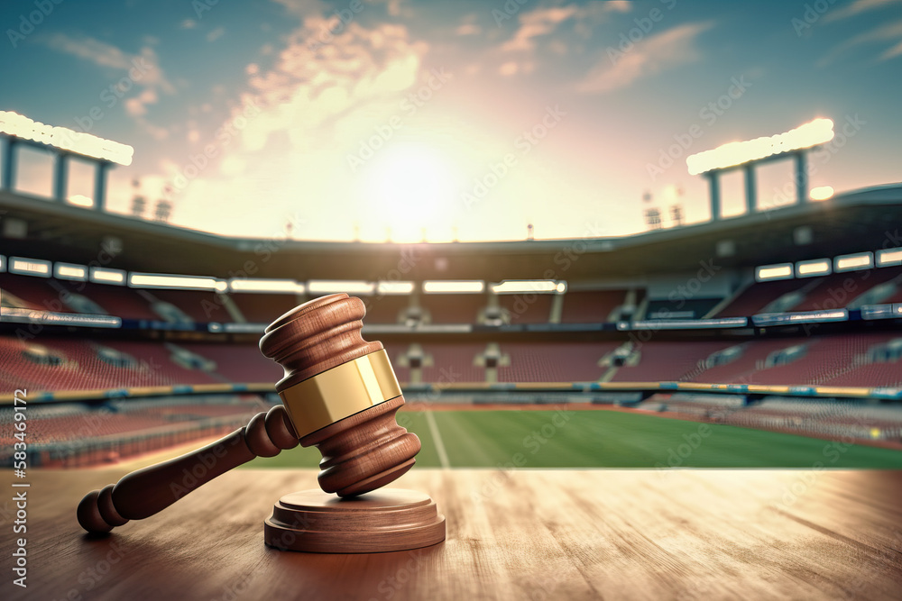 Gavel justice gavel with a sports stadium background. Law in sport ...