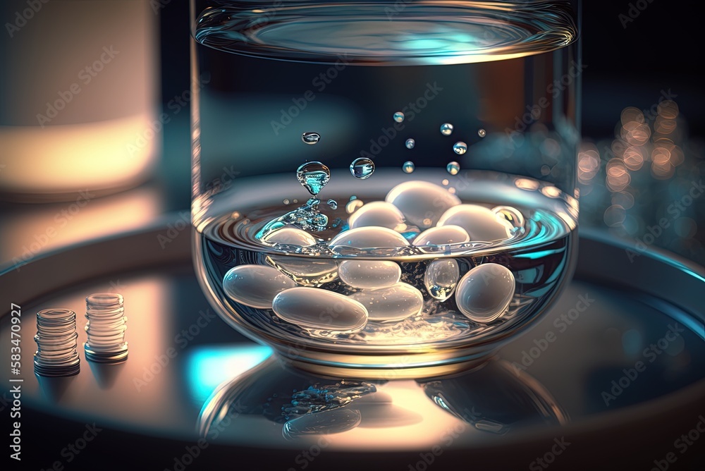 laboratory closeup with white tablets and a transparent container of ...