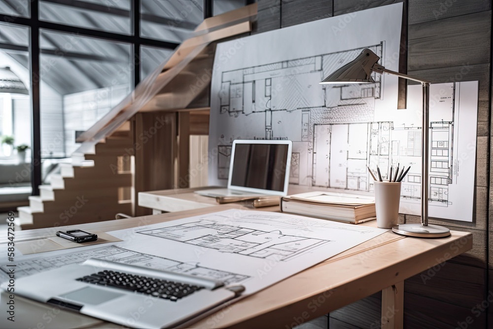Concept for an architect's desktop a laptop on a wooden desk with a ...