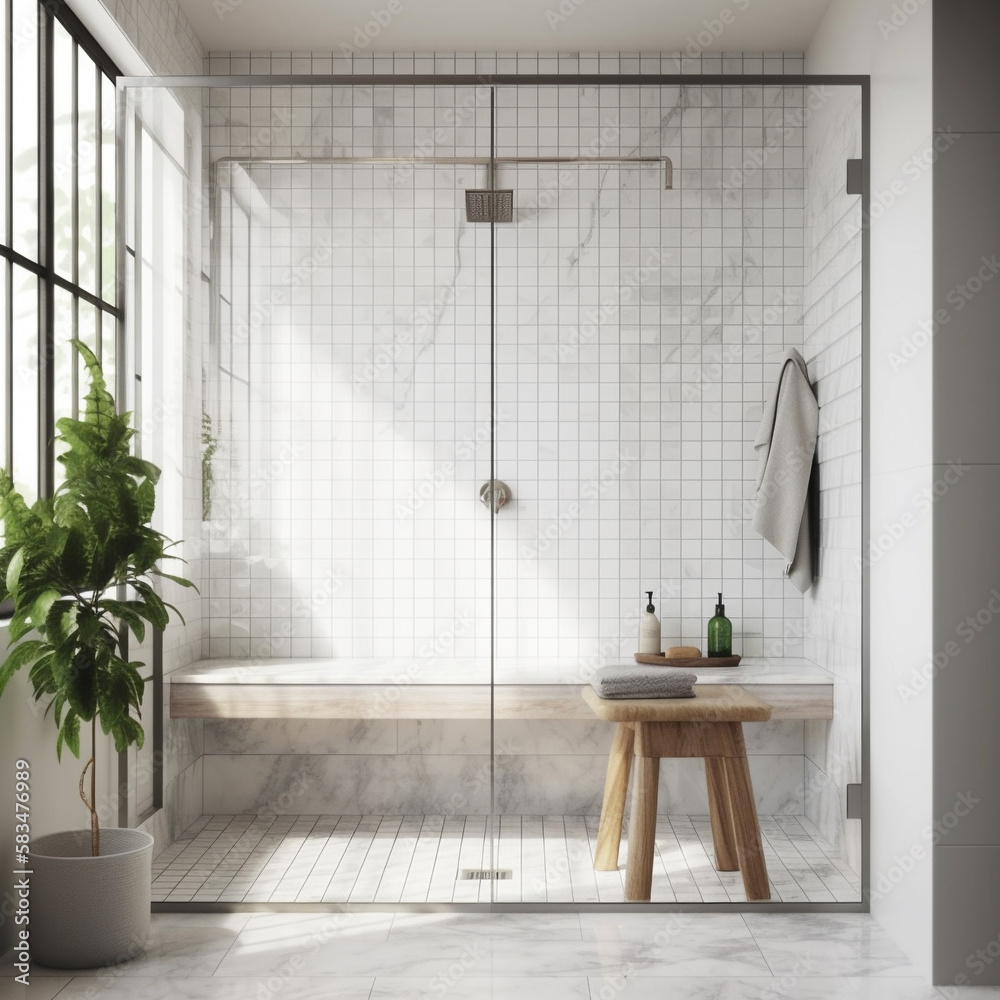 Marble vanity counter, shower bench in white subway tile wall modern ...