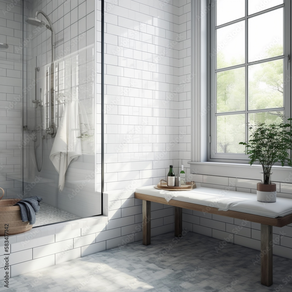 Marble vanity counter, shower bench in white subway tile wall modern ...