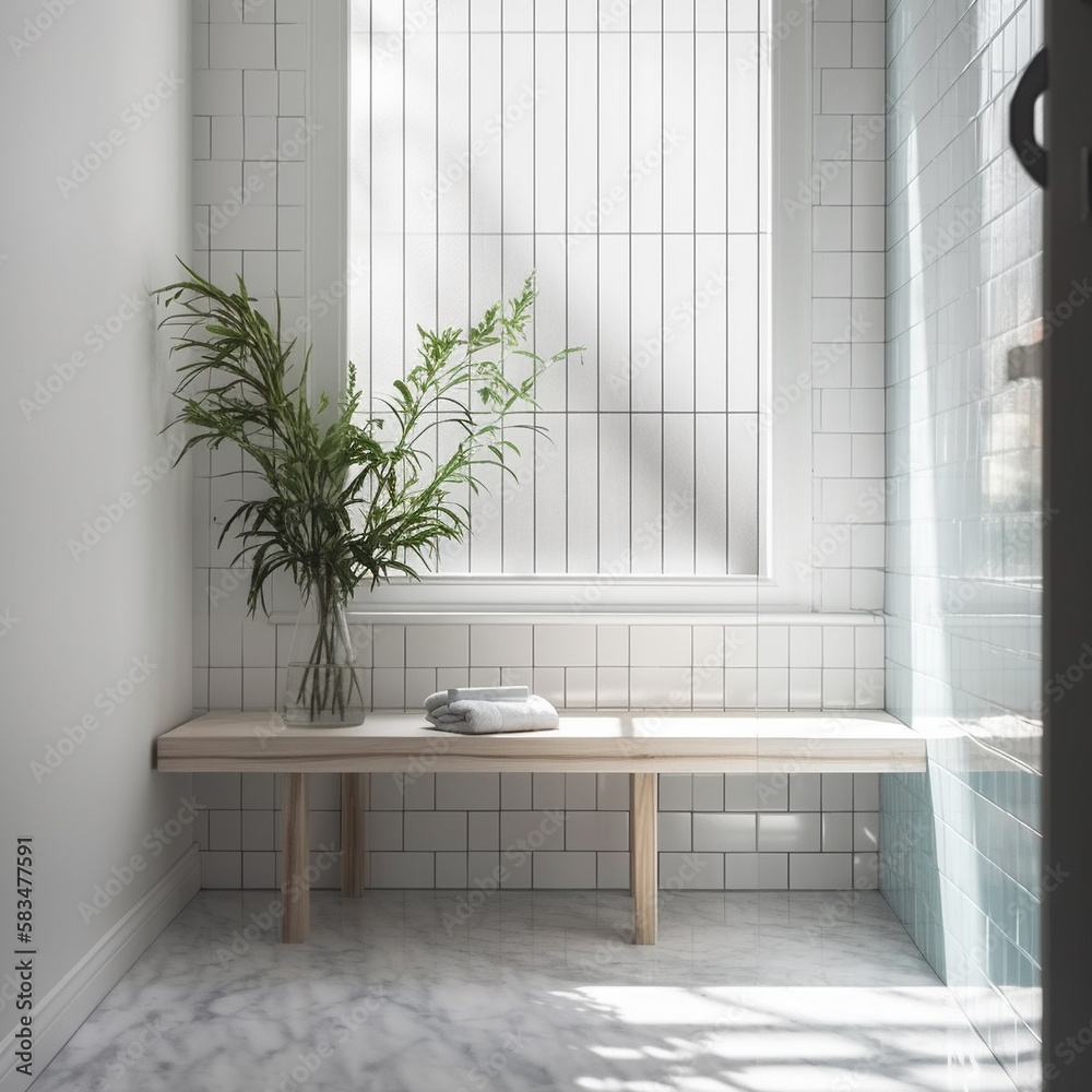Marble vanity counter, shower bench in white subway tile wall modern ...