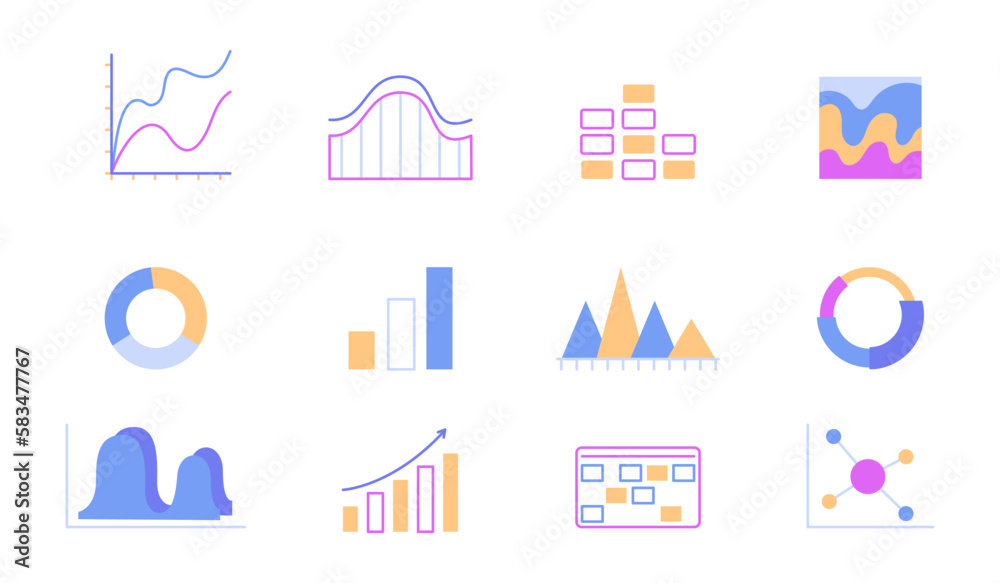 Vetor de Diagrams, charts and graphs semi flat color vector icons ...
