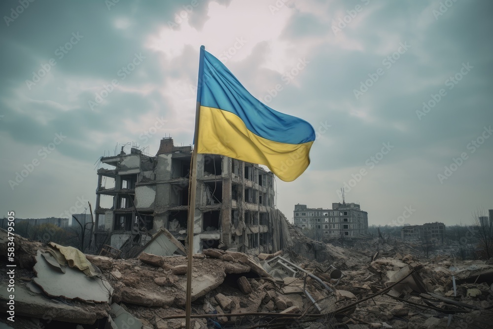 Ukraine flag flies atop a ruined building in a city, a symbol of hope ...
